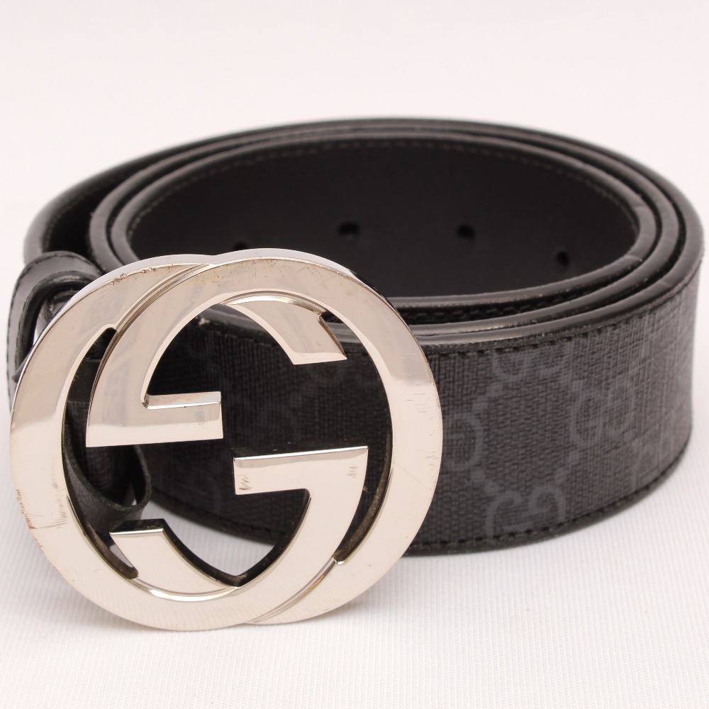 Pre-owned Gucci GG Supreme Black & Grey Interlocking G Buckle Belt ...